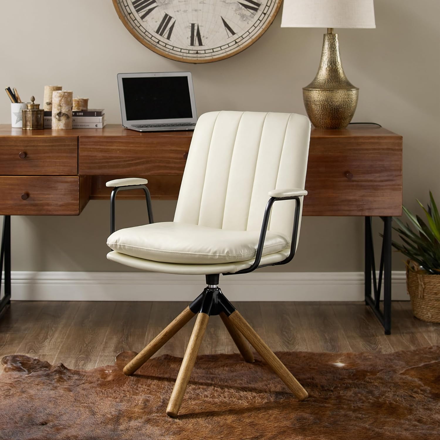 Mid Century Modern Chair Oak Legs Swivel Accent Chair Wheels Boucle ...