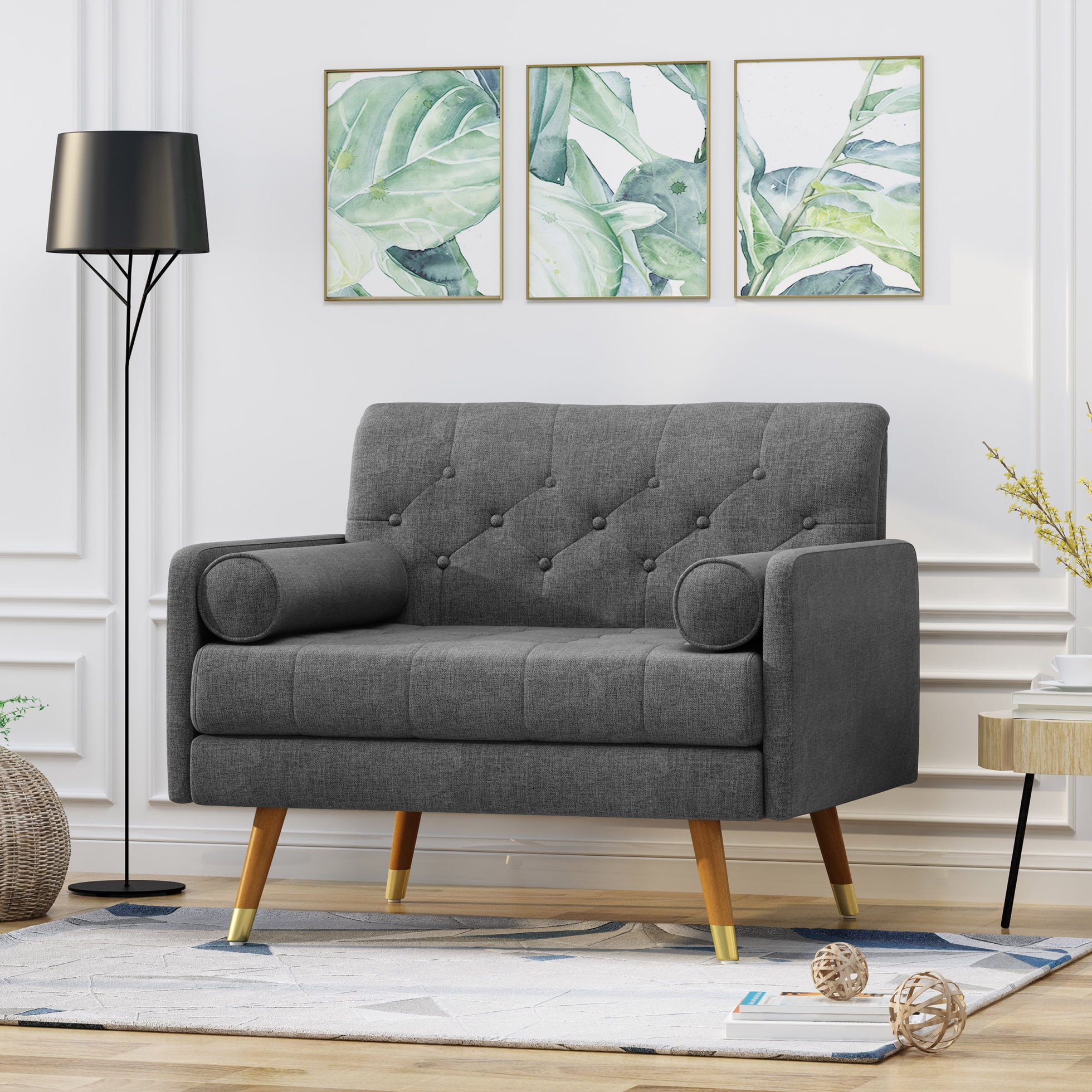 Mid-Century Modern Club Chair with Button-Tufted Waffle Stitch & Gold ...