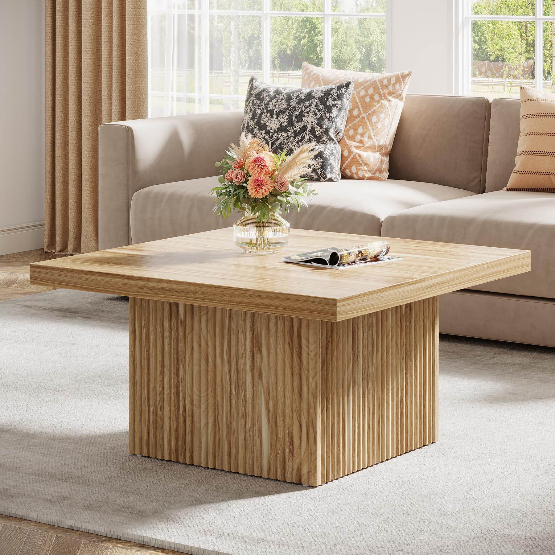 Mid Century Modern Coffee Table, 31.5 Inch Square Fluted Base Cocktail ...