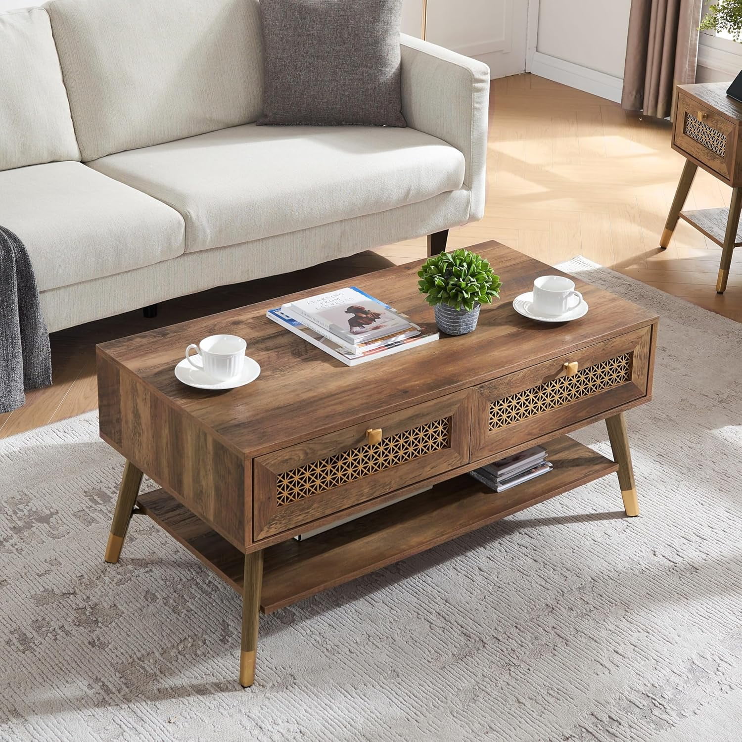 Mid Century Modern Coffee Table 41.9" Wx21.6 Dx19.7 H - Rustic Oak Wood ...