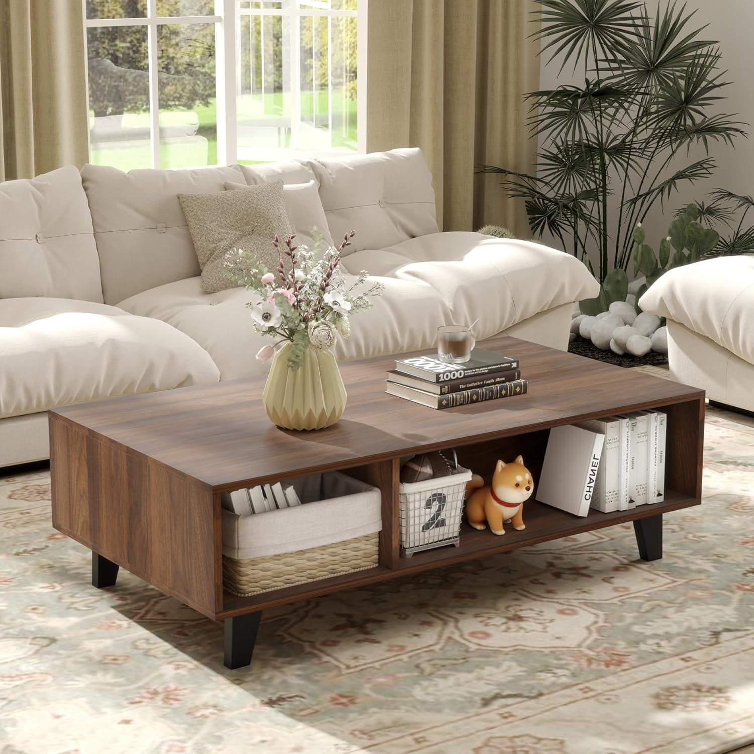 Mid Century Modern Coffee Table, 43 Inch Coffee Table with Storage ...