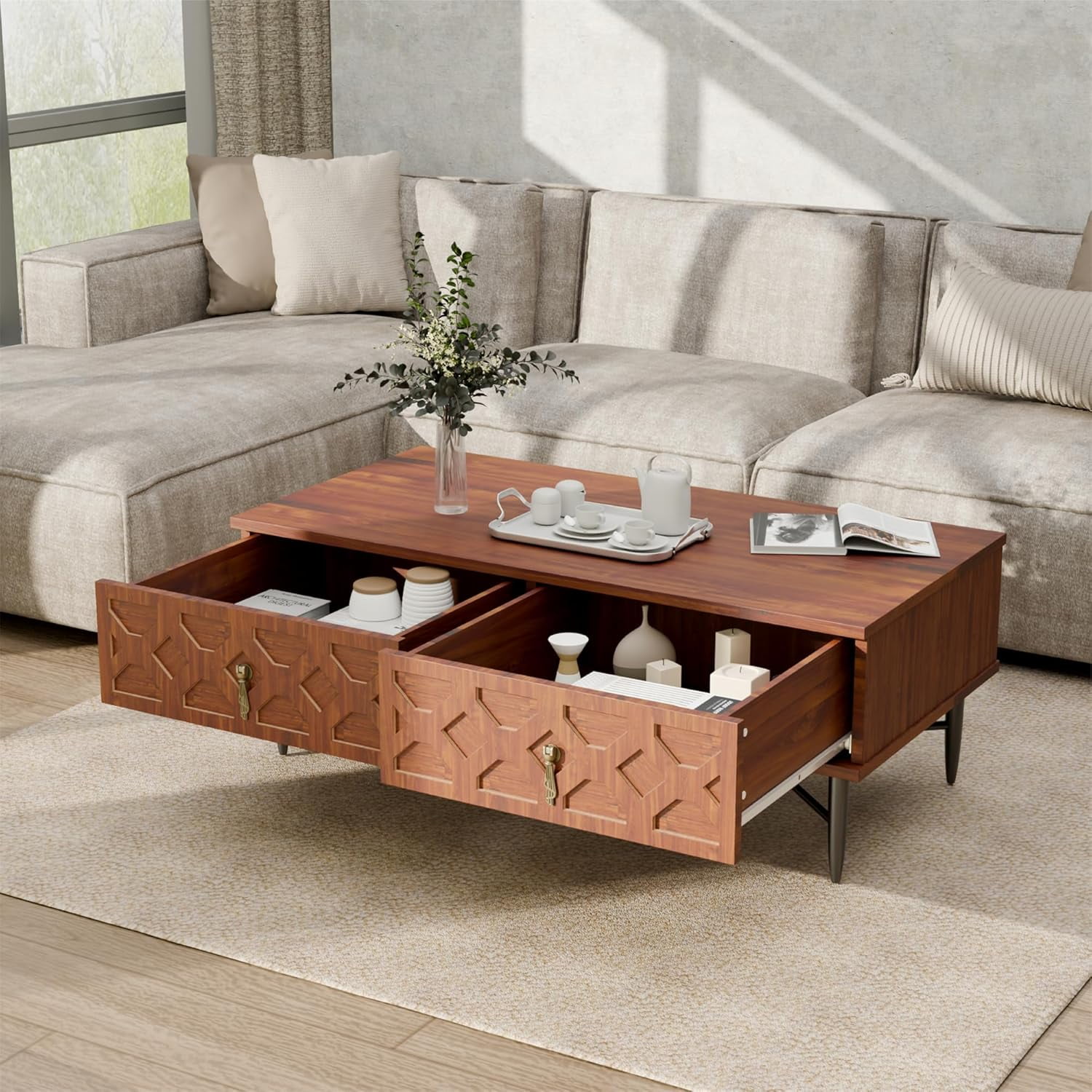 Mid Century Modern Coffee Table, Carved Decorative Center Table, Tea ...