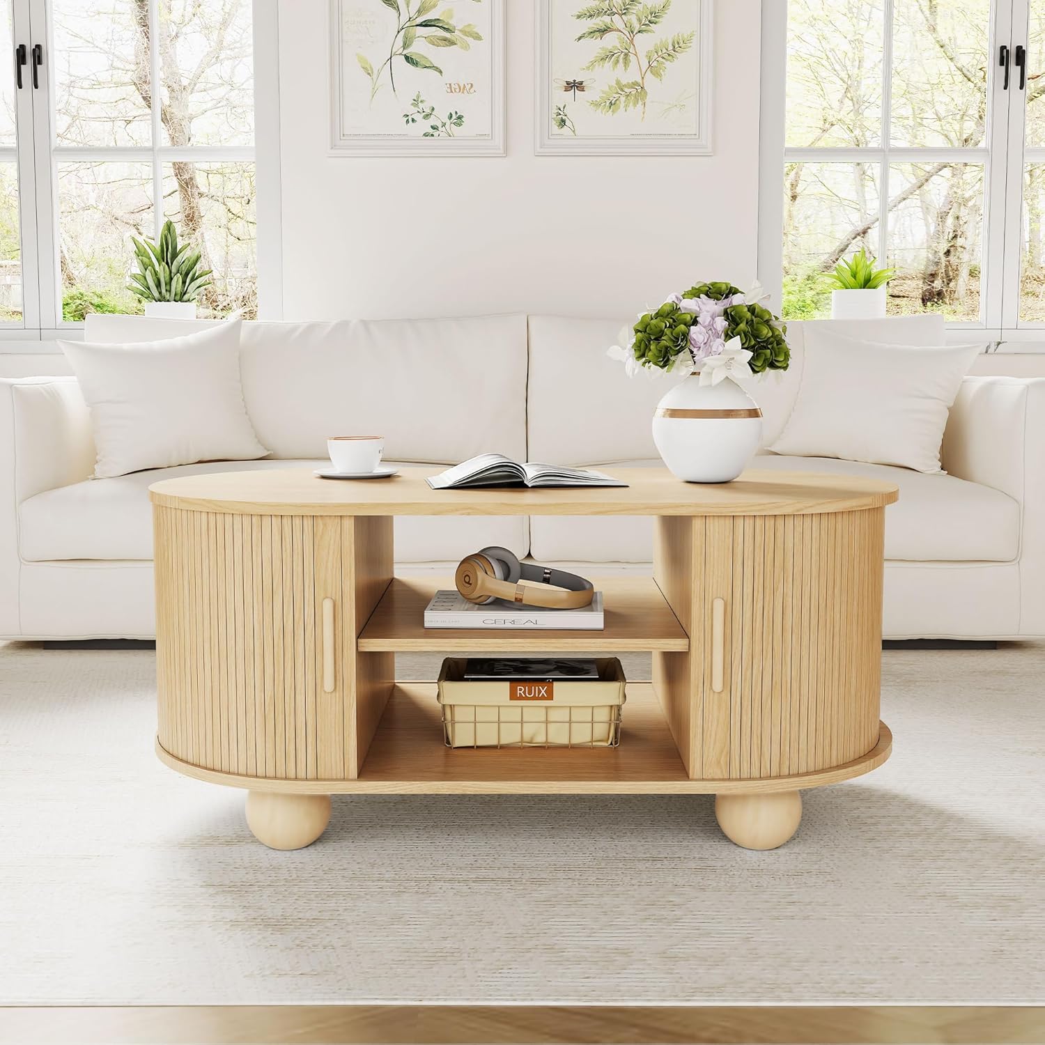 Mid-Century Modern Coffee Table with Storage & Sliding Doors - Fluted ...