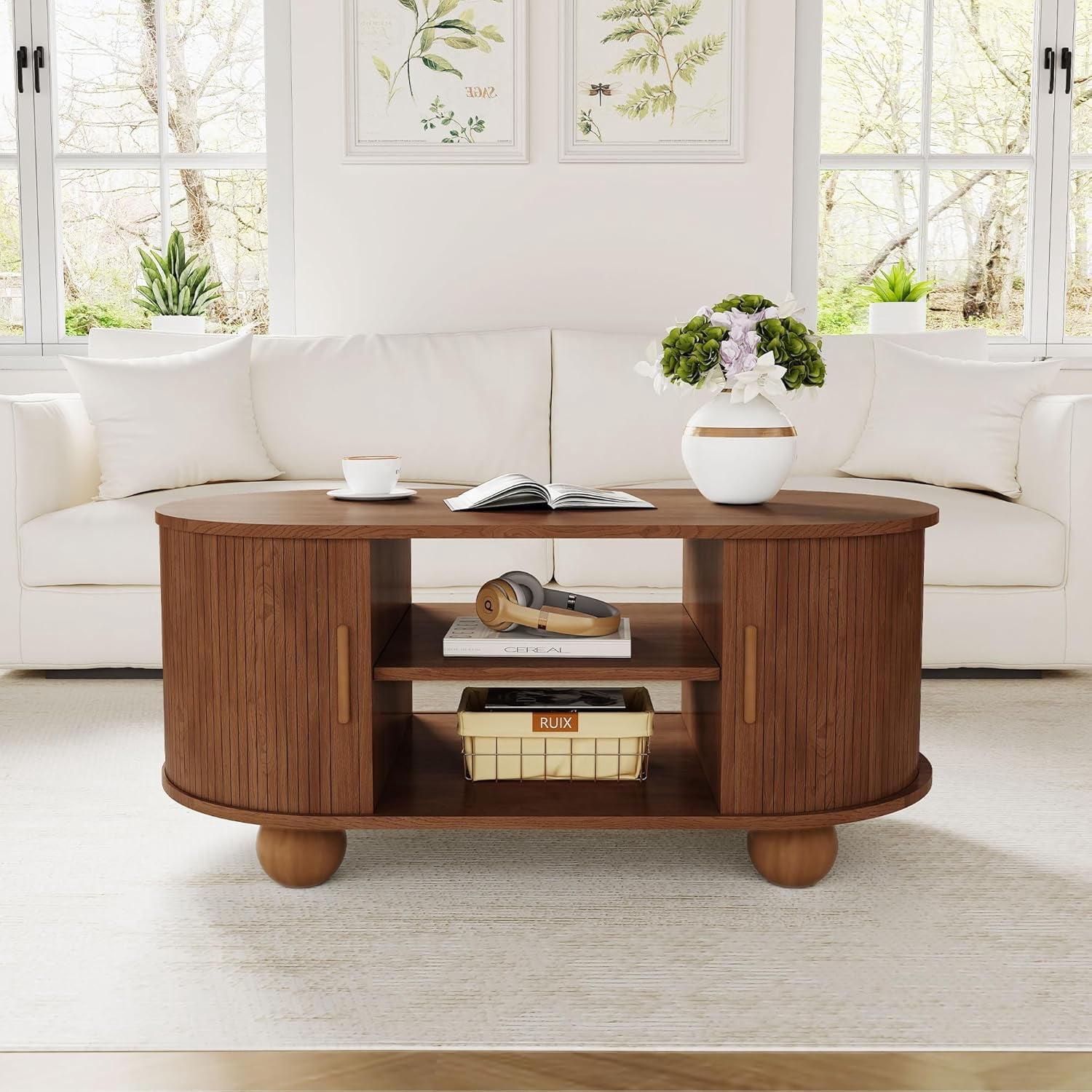 Mid-Century Modern Coffee Table with Storage & Sliding Doors - Fluted ...