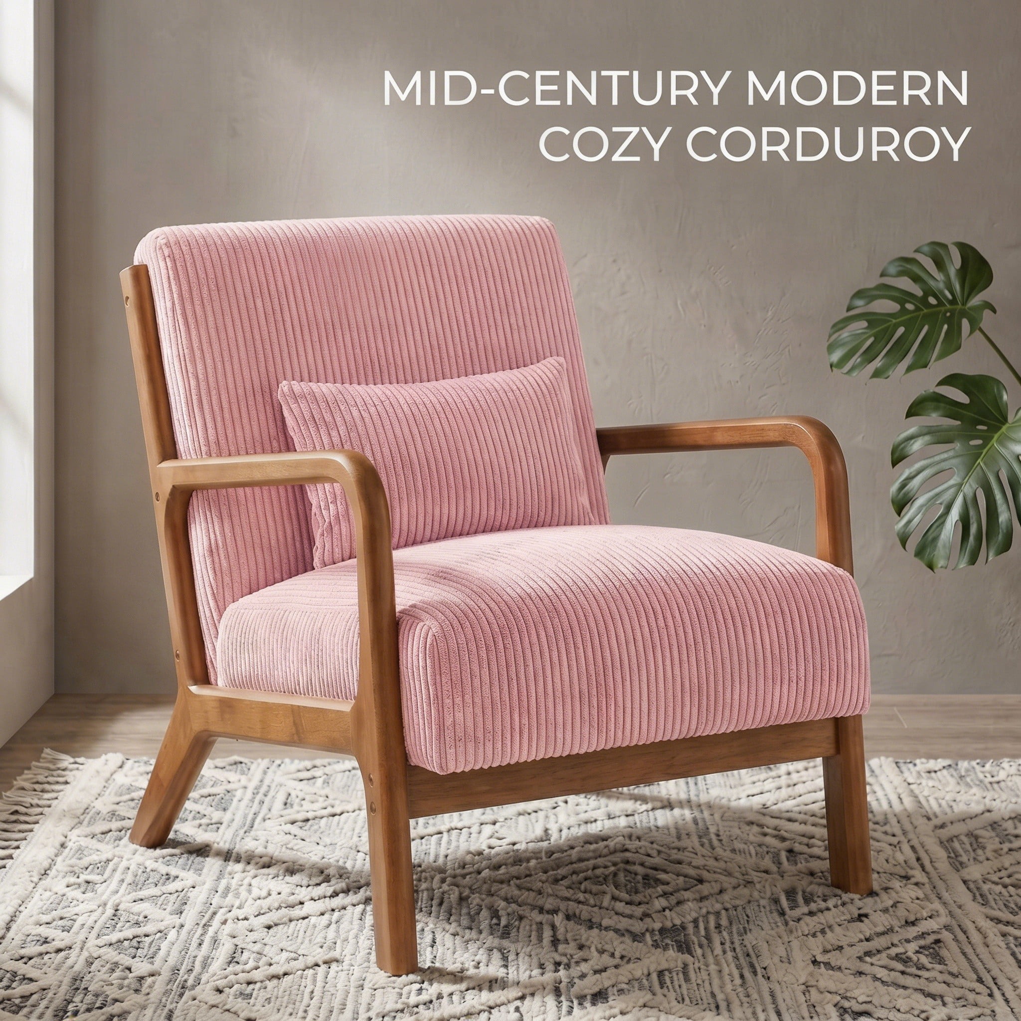 Mid-Century Modern Corduroy Accent Chair with Solid Wood Frame & Lumbar ...