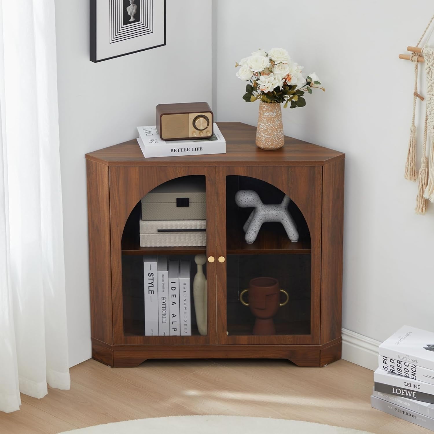 Mid Century Modern Corner Cabinet, Freestanding Curved Corner Storage ...