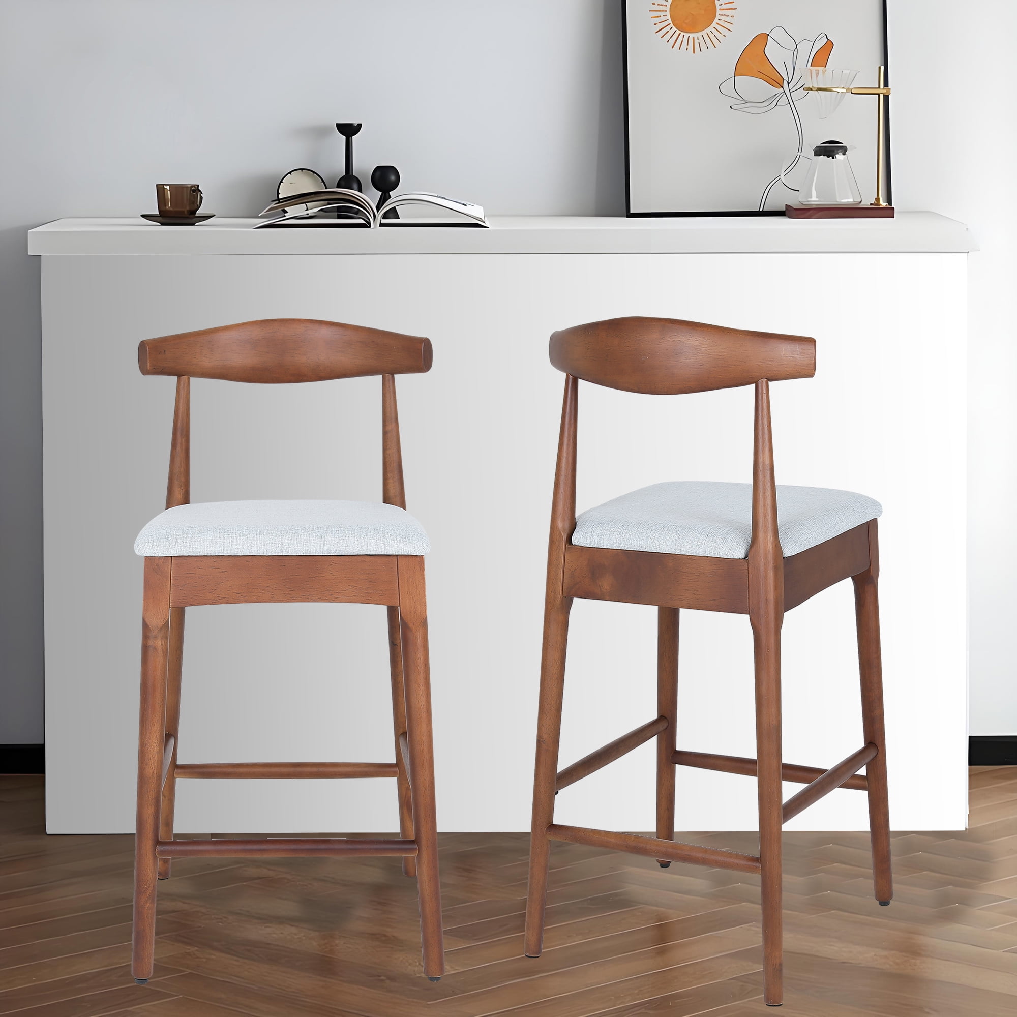 Mid-Century Modern Counter Stools - Set of 2, 24" Height, Walnut Frame ...