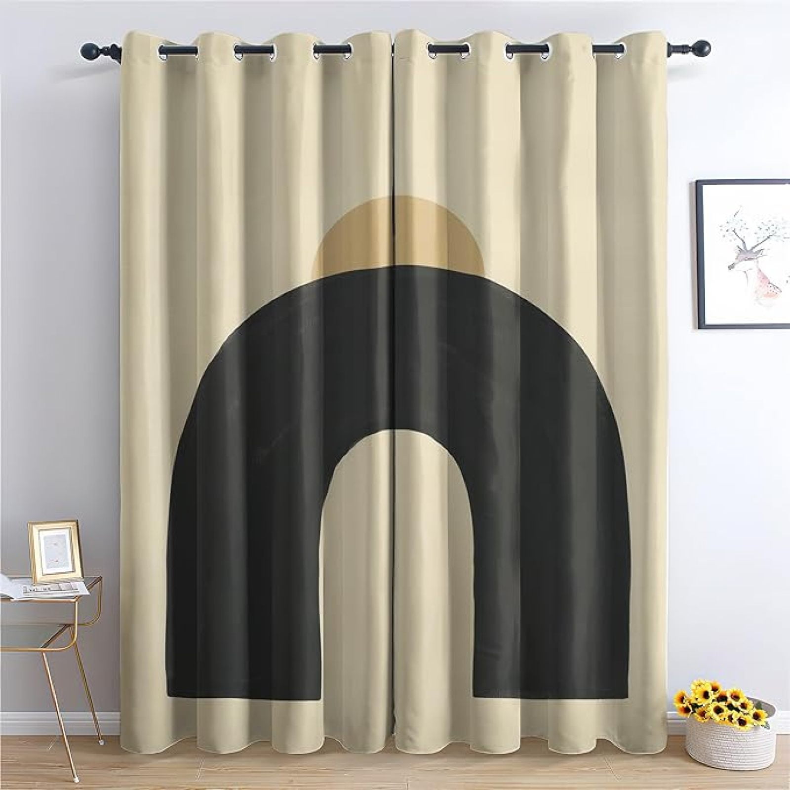 Mid Century Modern Curtains For Bedroom, Abstract Rainbow Boho Blackout Curtains Set, Beige ...