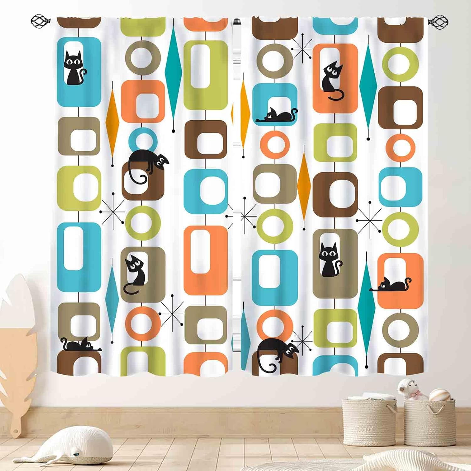 Mid Century Modern Curtains, Retro Geometric Atomic Abstract Pattern ...