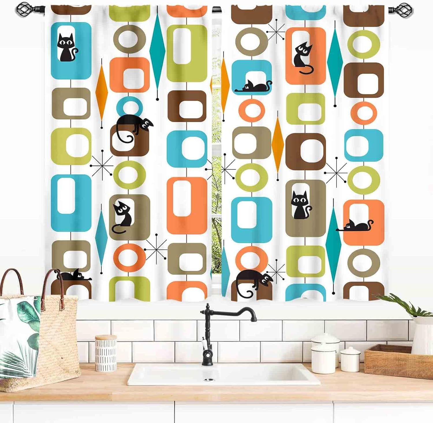 Mid Century Modern Curtains, Retro Geometric Atomic Abstract Pattern ...