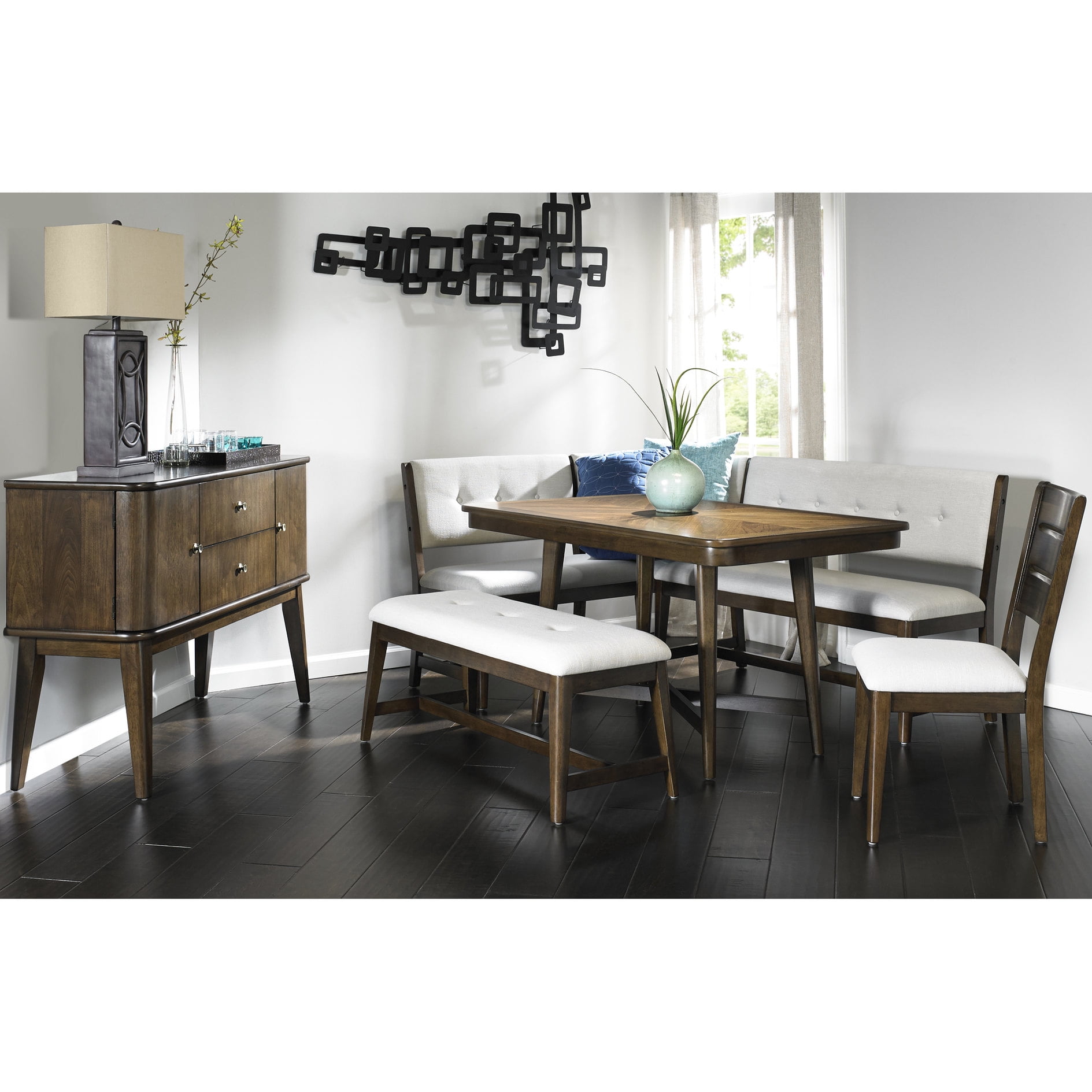Mid-Century Modern Curved Dining Bench Beige Polyester Upholstered ...