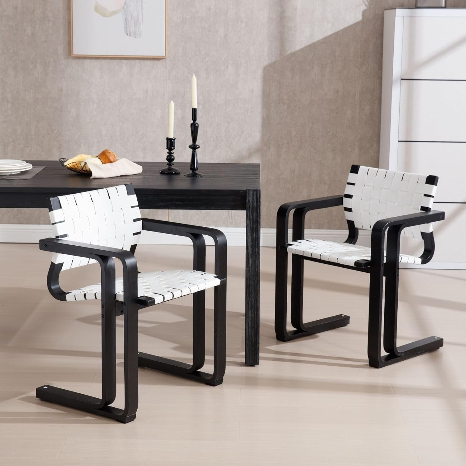 Mid Century Modern Dining Chair Set of 2, 18.25” Woven PU Leather ...