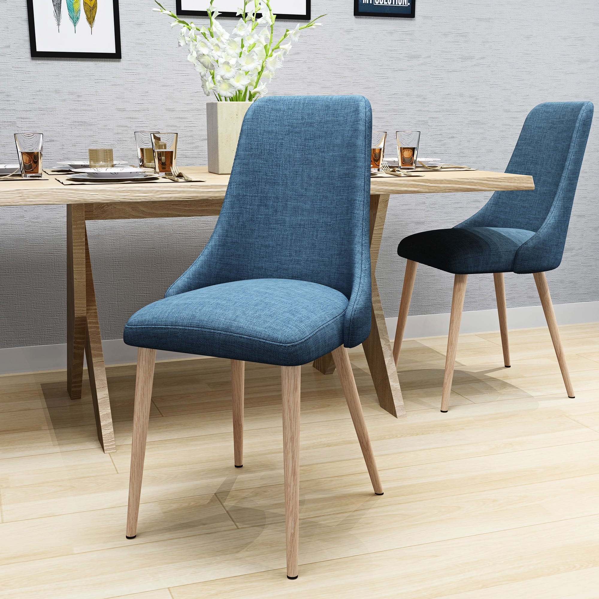 Mid Century Modern Dining Chairs, Of 2 In Blue And Walnut, Comfortable ...