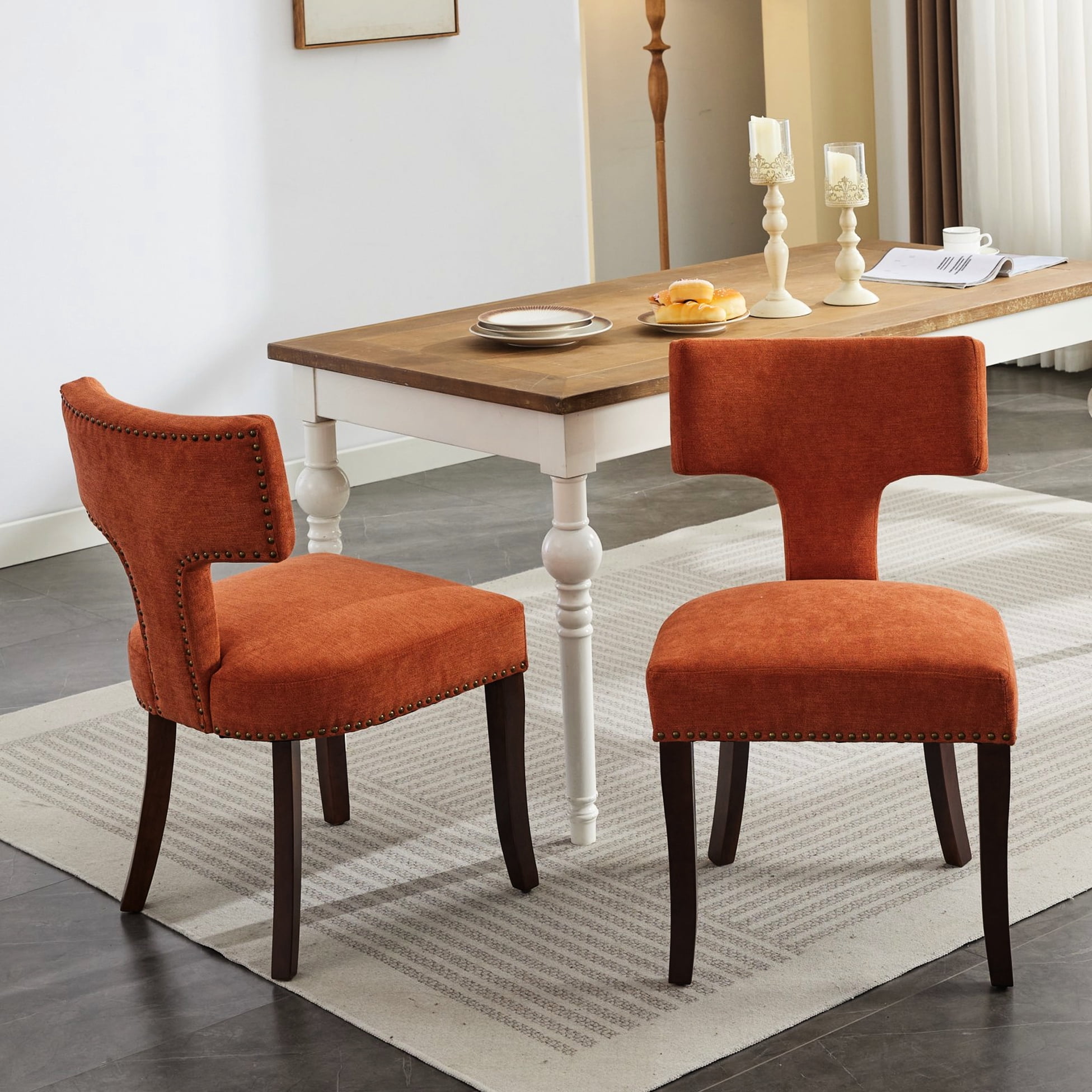 Mid Century Modern Dining Chairs Of 2, Orange. Linen Fabric Chair With ...