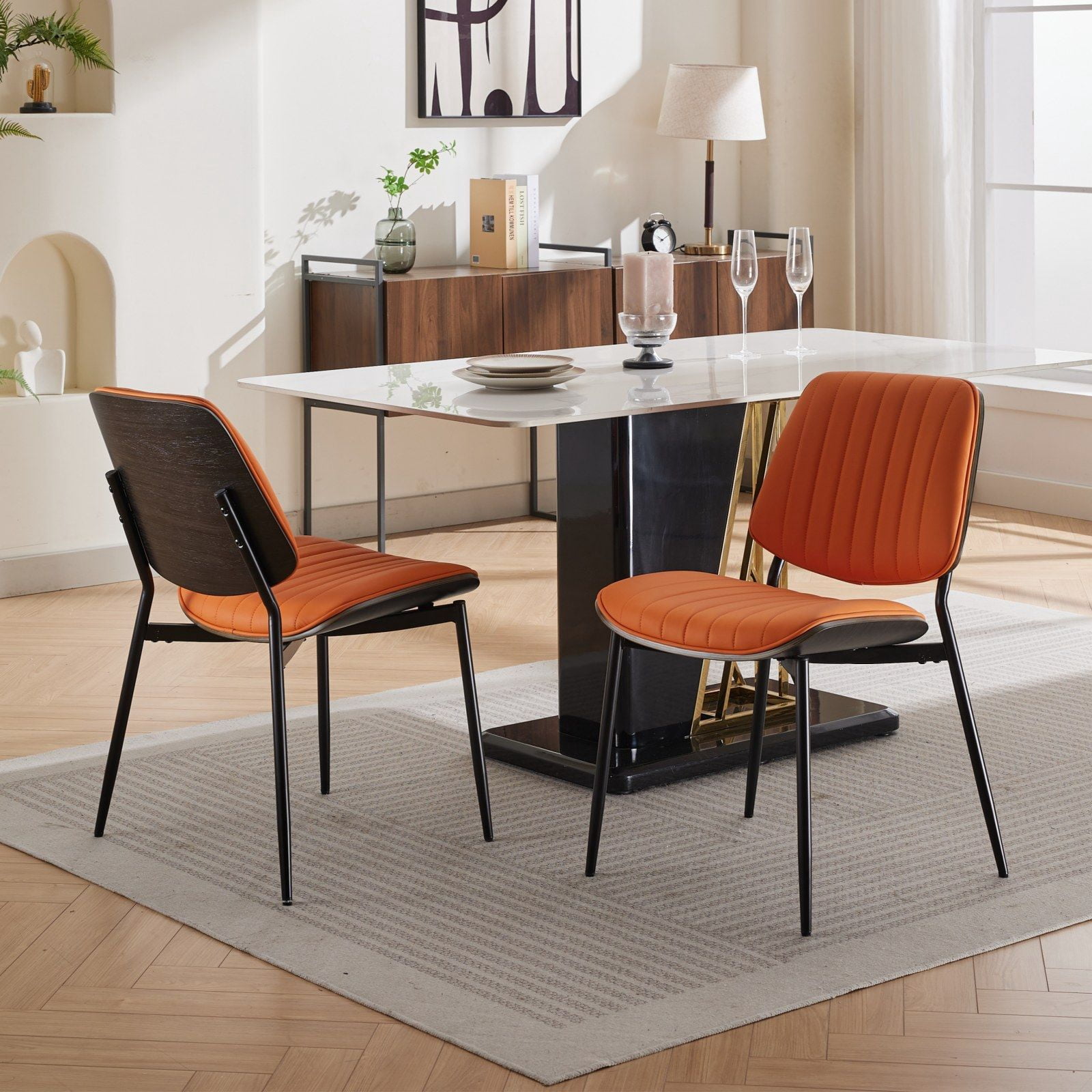 Mid-Century Modern Dining Chairs - Set of 2, Orange PU Leather & Walnut ...