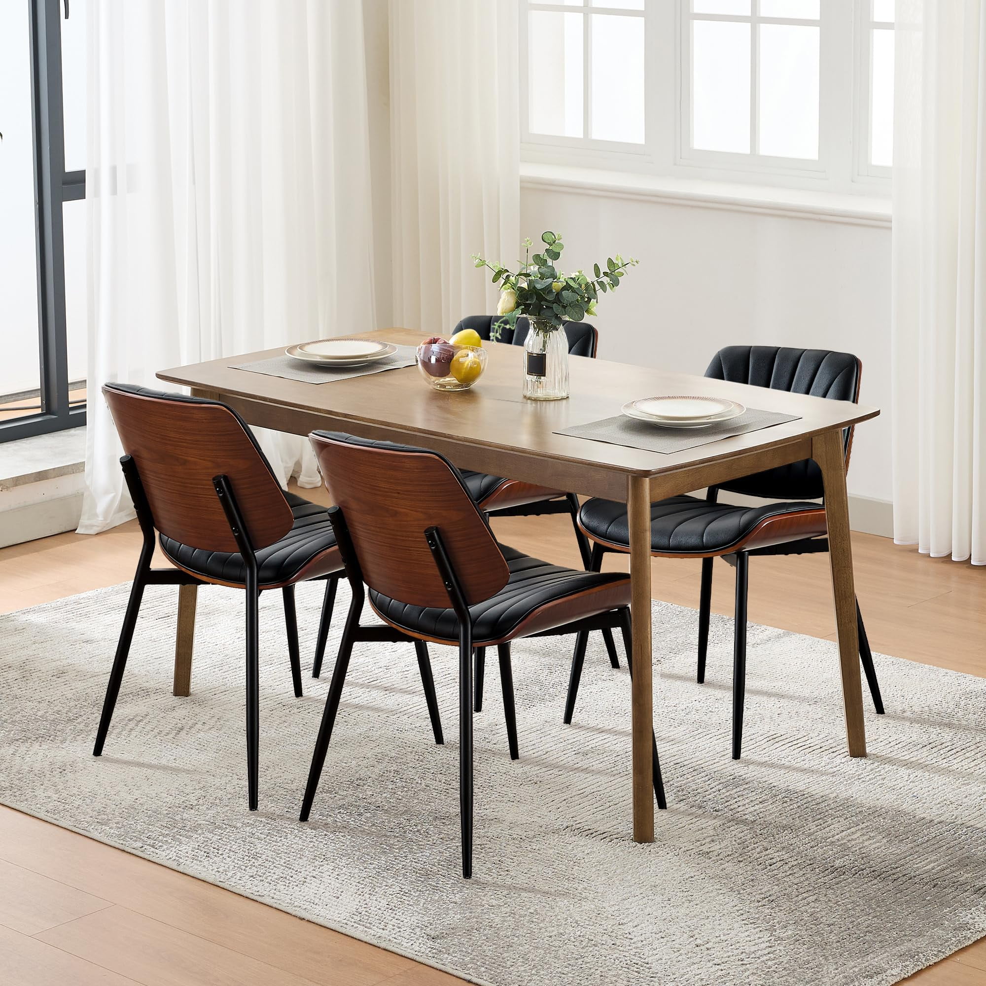 Mid-Century Modern Dining Chairs Set of 4 – Black PU Leather ...