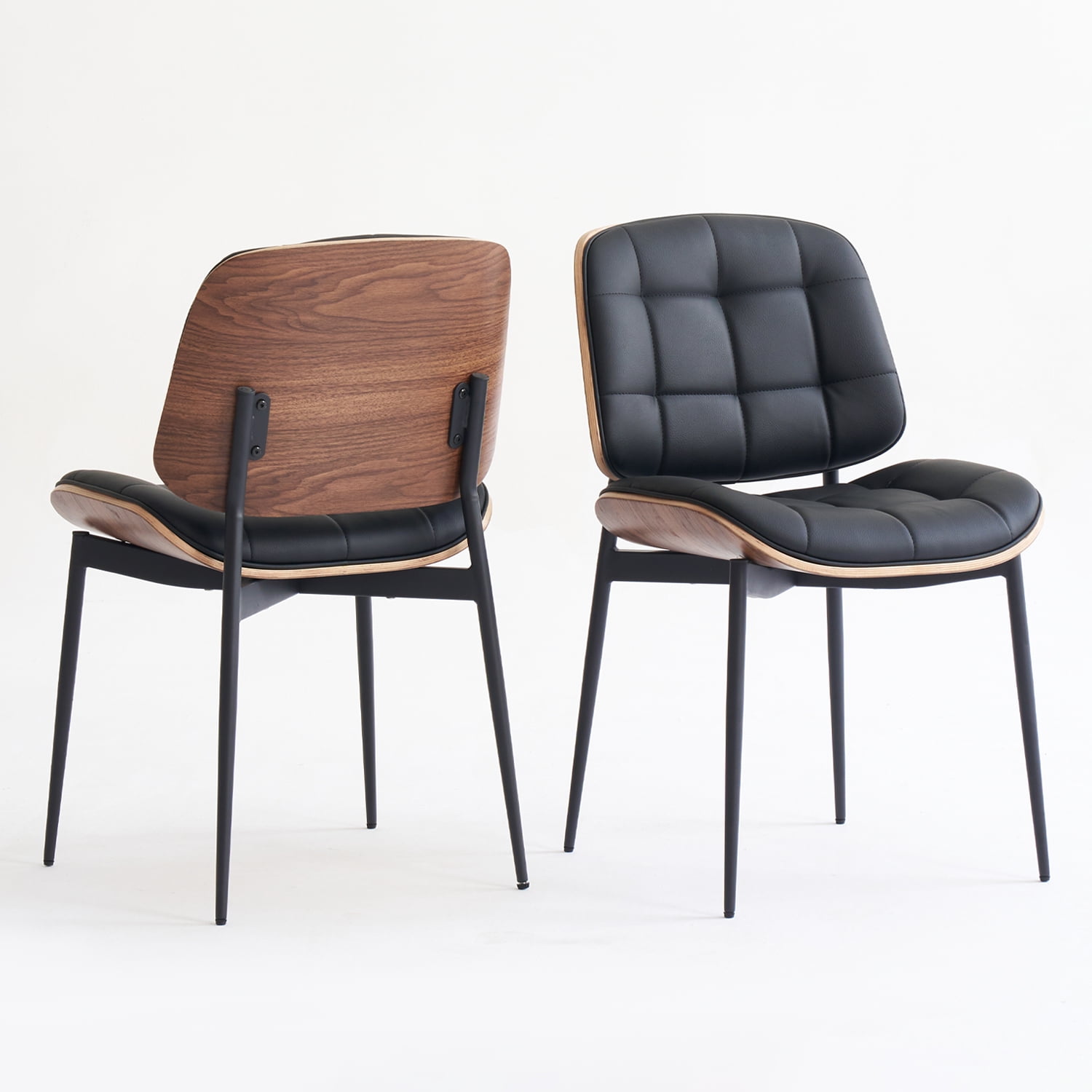 Mid Century Modern Dining Chairs with Walnut Grain Back, Black Faux ...