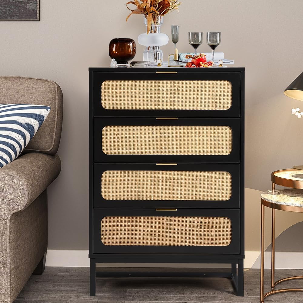 Mid Century Modern Dresser, 4 Drawer Rattan Dresser for Bedroom Wood ...