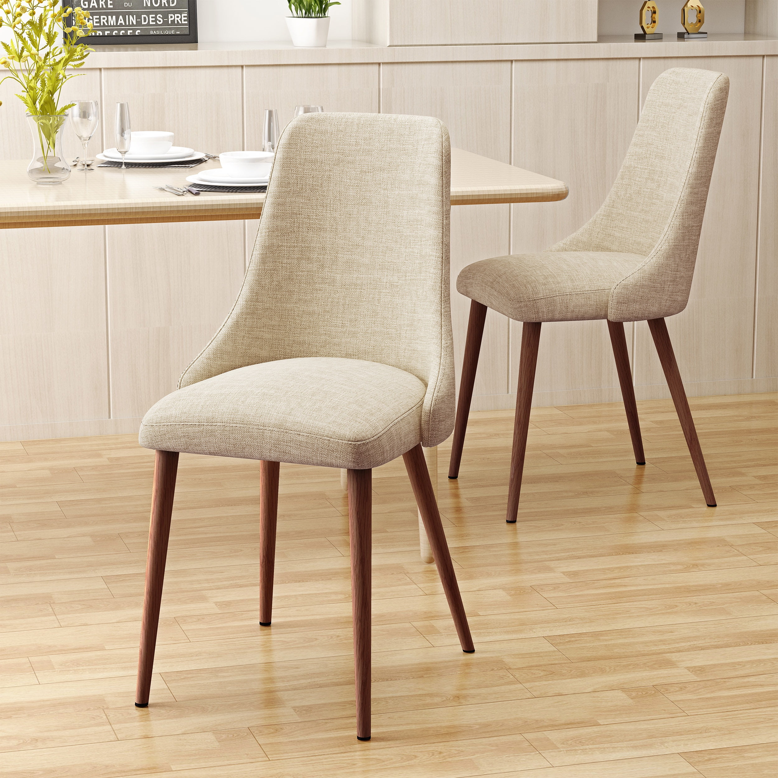 Mid Century Modern Fabric Armless Dining Chairs, Set of 2, Wheat and ...