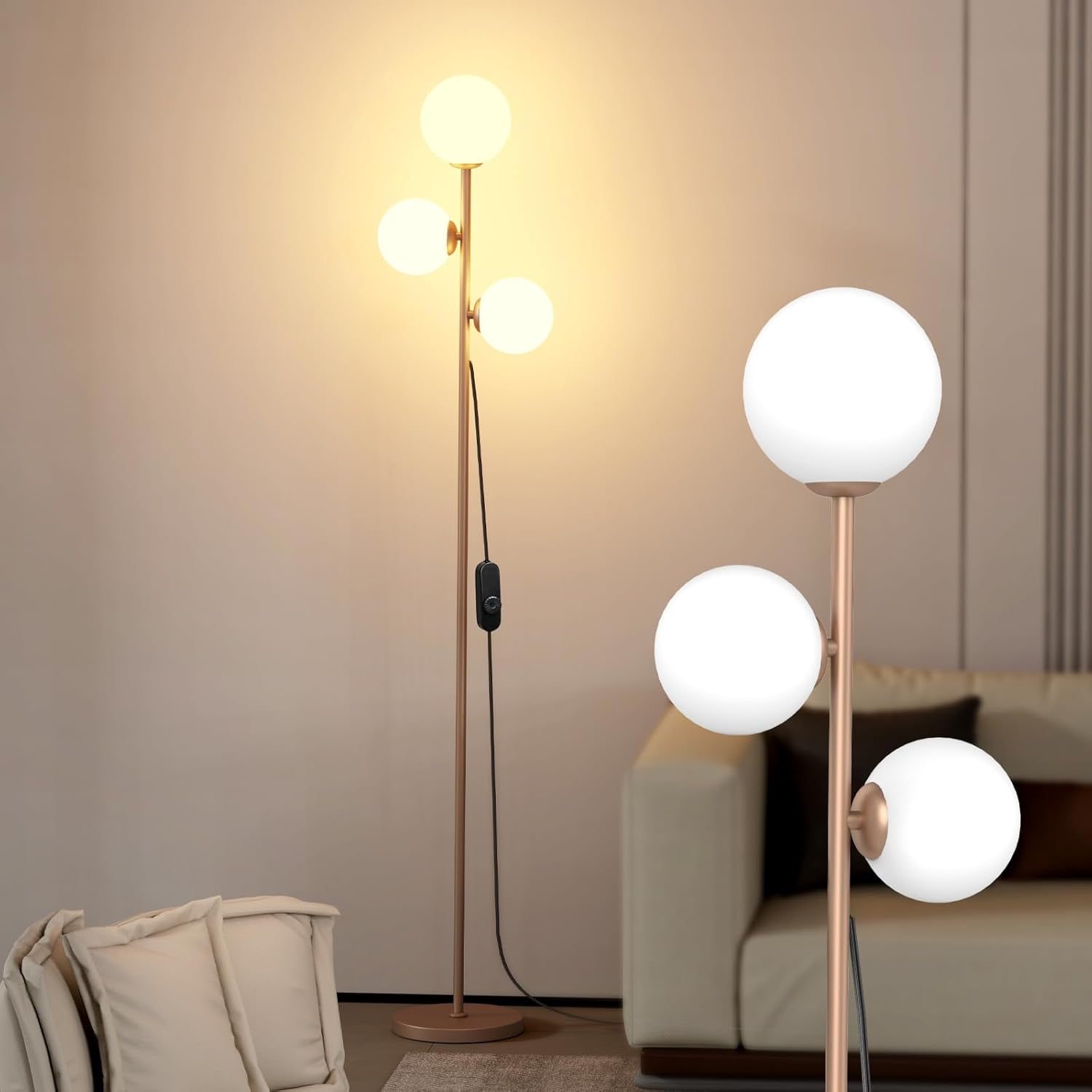 Mid Century Modern Floor Lamp for Living Room Easy to Install, 3 Globe Lights Tall Gold Floor ...