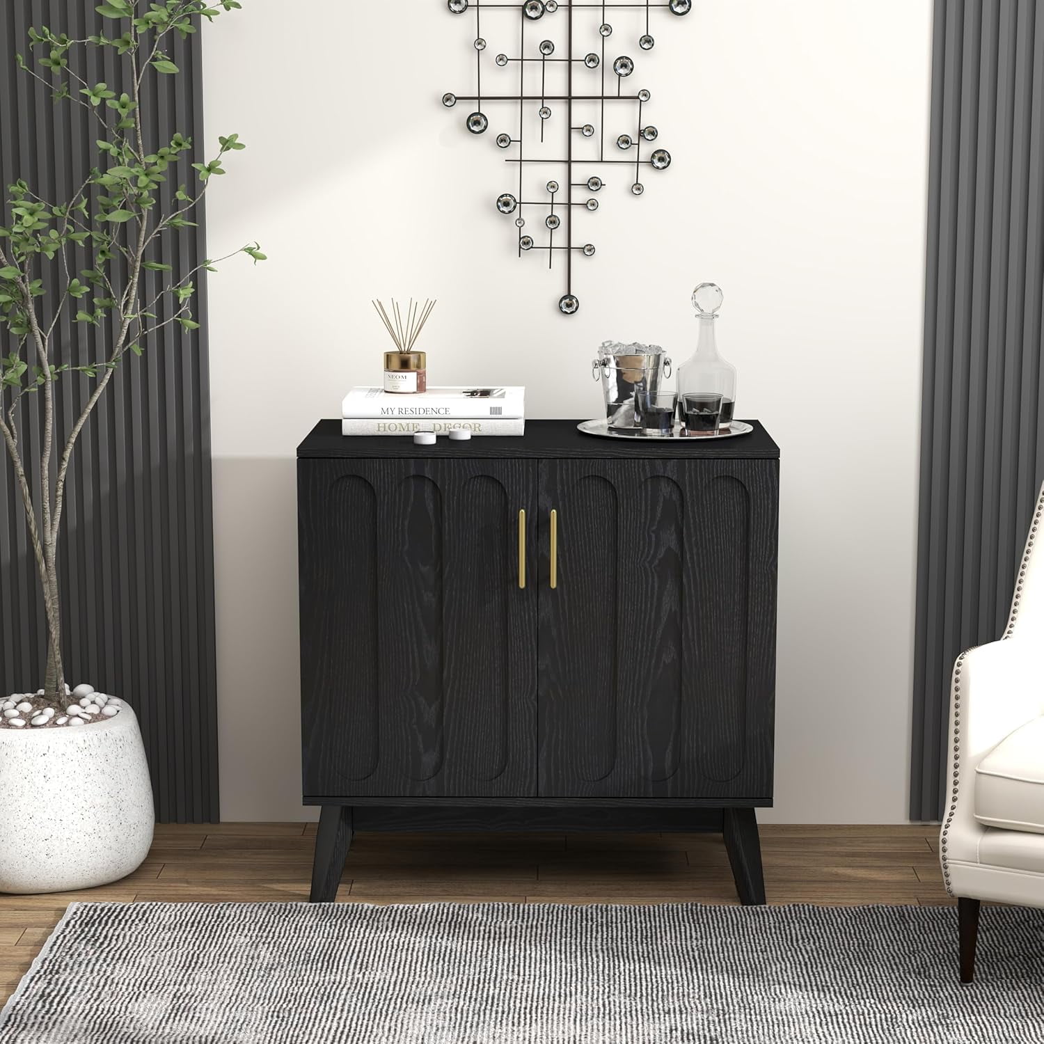 Mid Century Modern Fluted Sideboard Cabinet with Adjustable Shelves, Buffet Cabinet with Storage ...