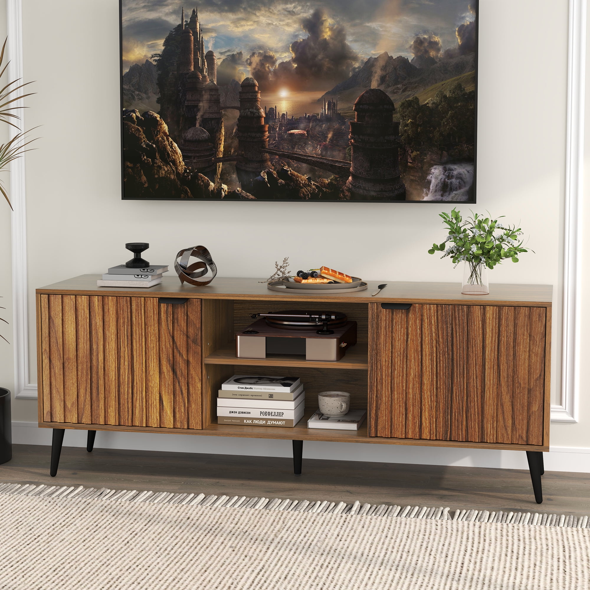 Mid Century Modern Fluted TV Stand for 55/60/65 Inch TVs, Entertainment ...