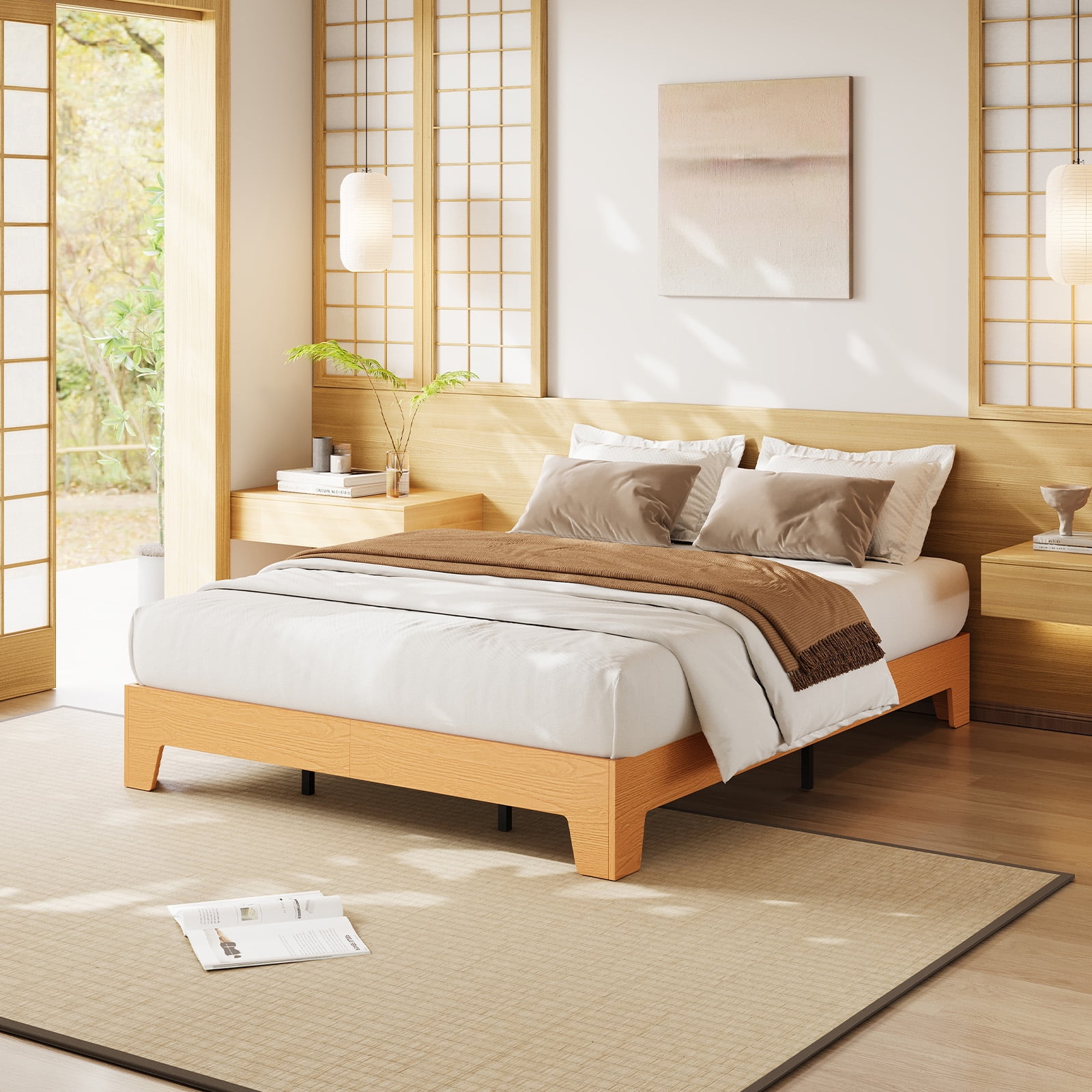 Mid-Century Modern Full Size Bed - Sturdy Wood Slat Platform Frame with ...