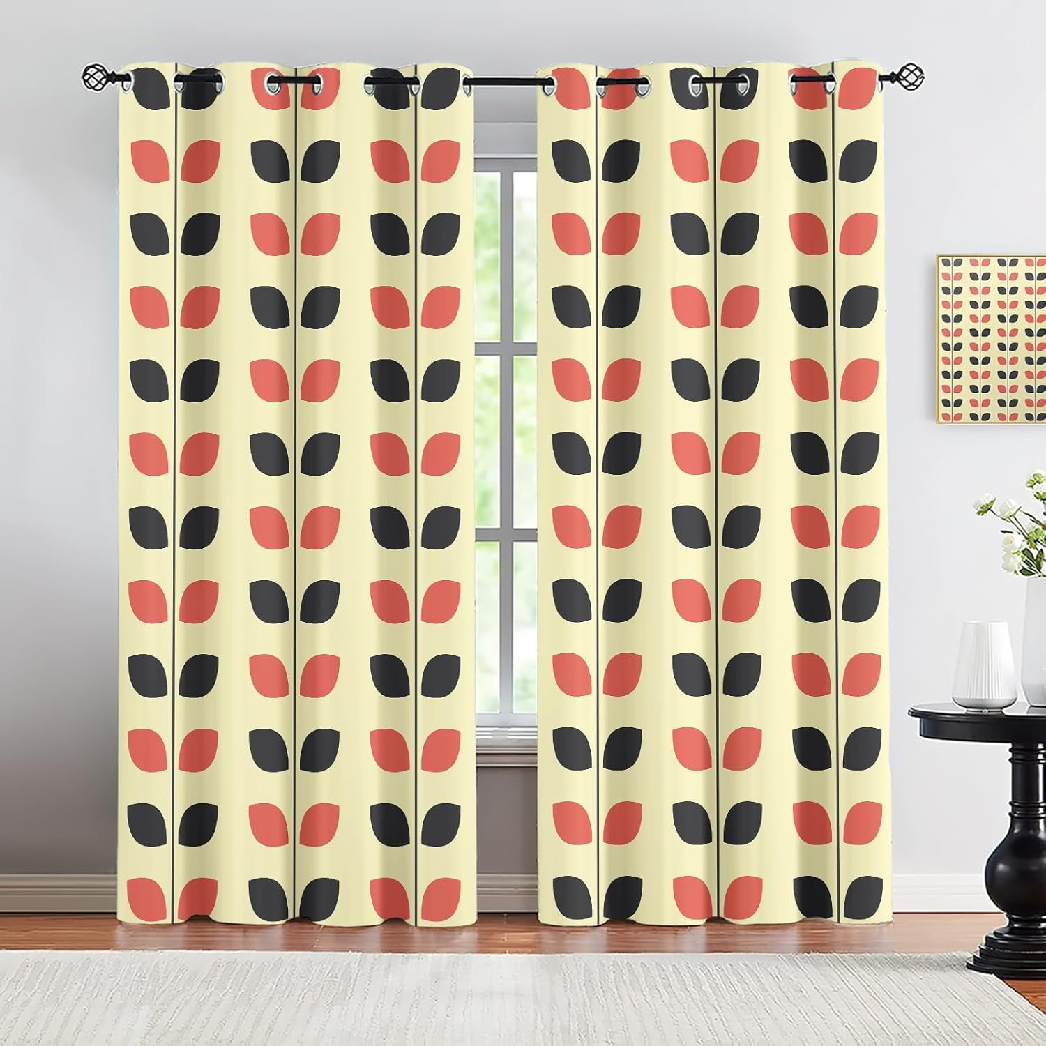 Mid-Century Modern Geometric Blackout Window Treatments, Retro Abstract Leaves 3D Print Grommet ...