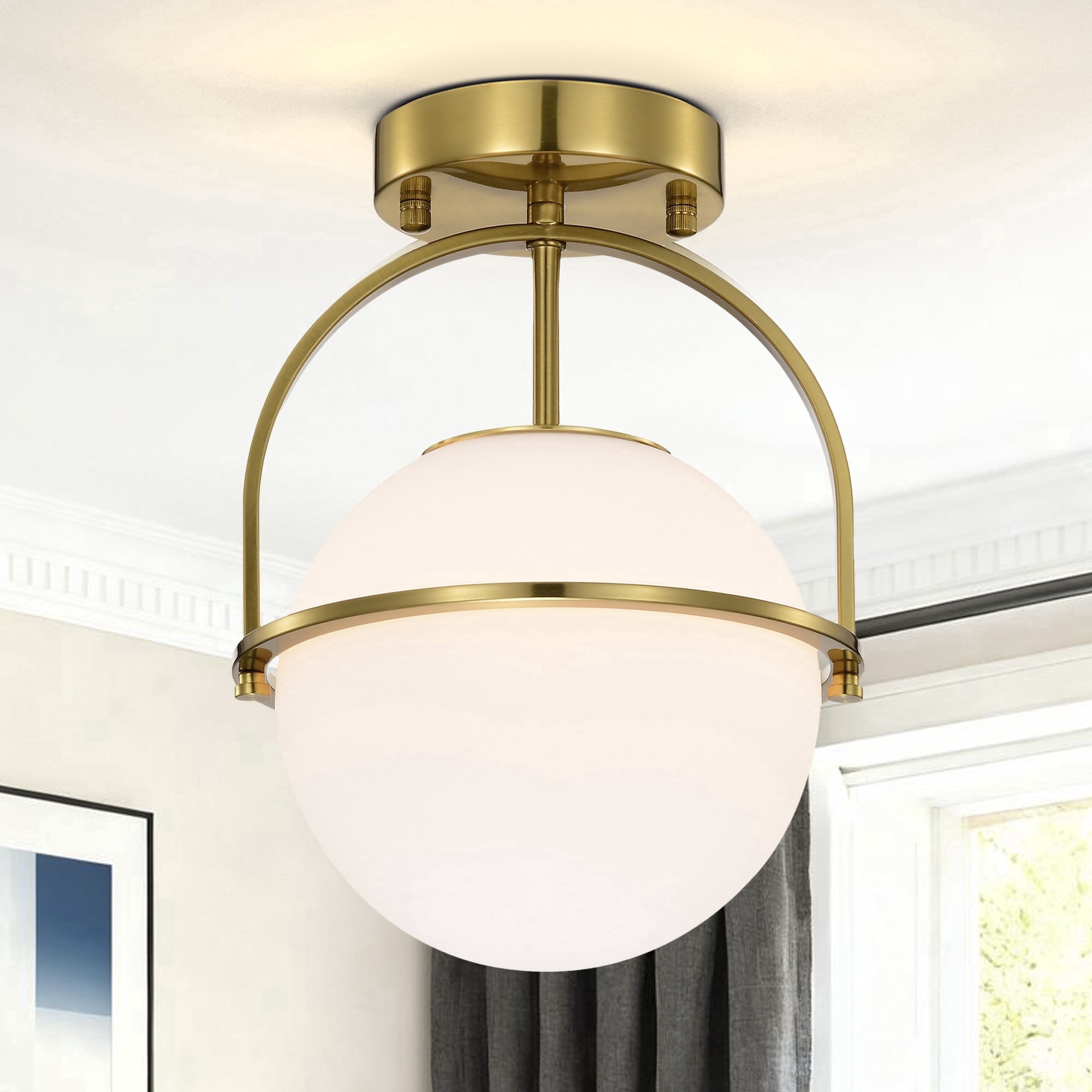 Gold Semi Flush Mount Ceiling Light, 1-Light Frosted Glass Ceiling ...