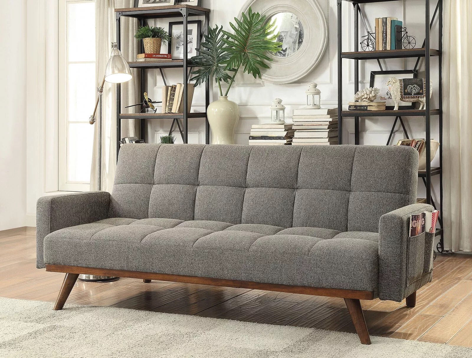 Mid-Century Modern Gray Linen 1pc Futon Sofa Converts into Bed Side ...