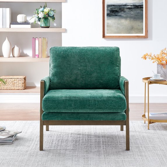 Mid - Century Modern Green Velvet Armchair, Brown Rubberwood Legs ...