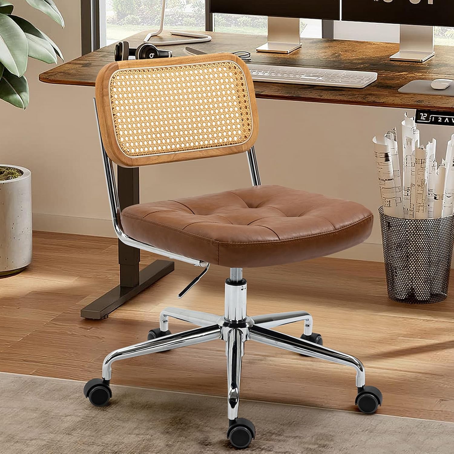 Mid Century Modern Home Office Chair with Wheels, Armless Leather Desk Chair Rattan Chair ...