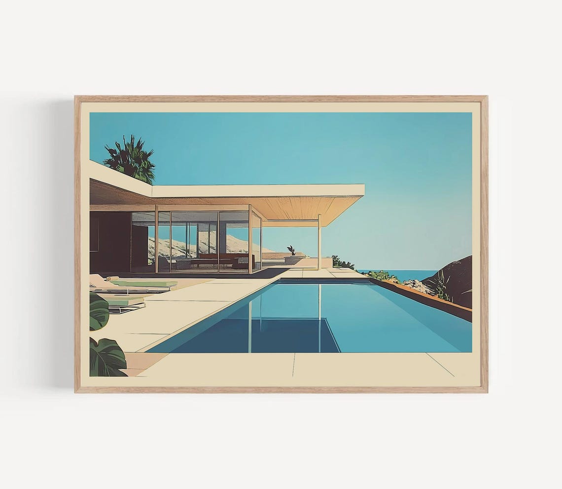 Mid-Century Modern House Print, Los Angeles Cliffside Home Art, Retro ...