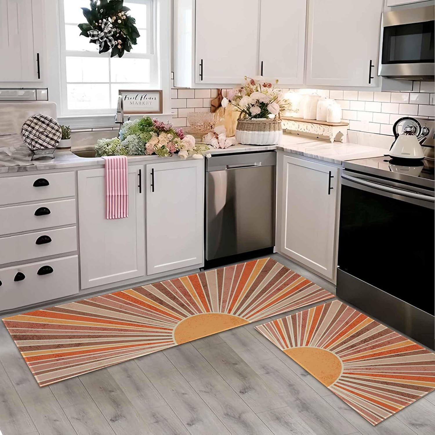 Mid Century Modern Kitchen Rugs and Mats Set of 2, Non Slip Backing ...