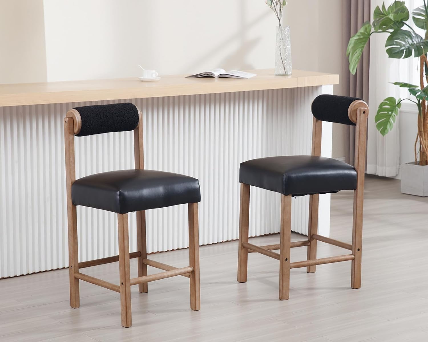 Mid Century Modern Leather Counter Height Bar Stools Set of 2, 26.5 ...