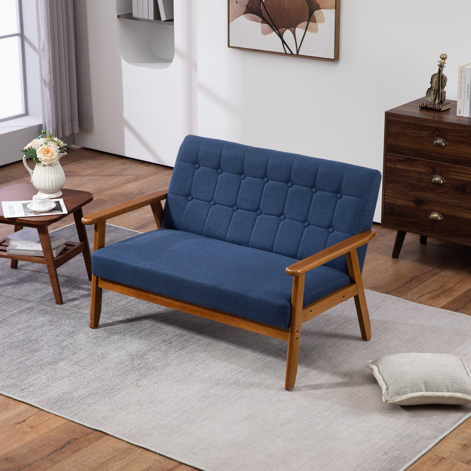 Mid-Century Modern Loveseat Sofa, 2-Seater Navy Linen Upholstered Couch ...