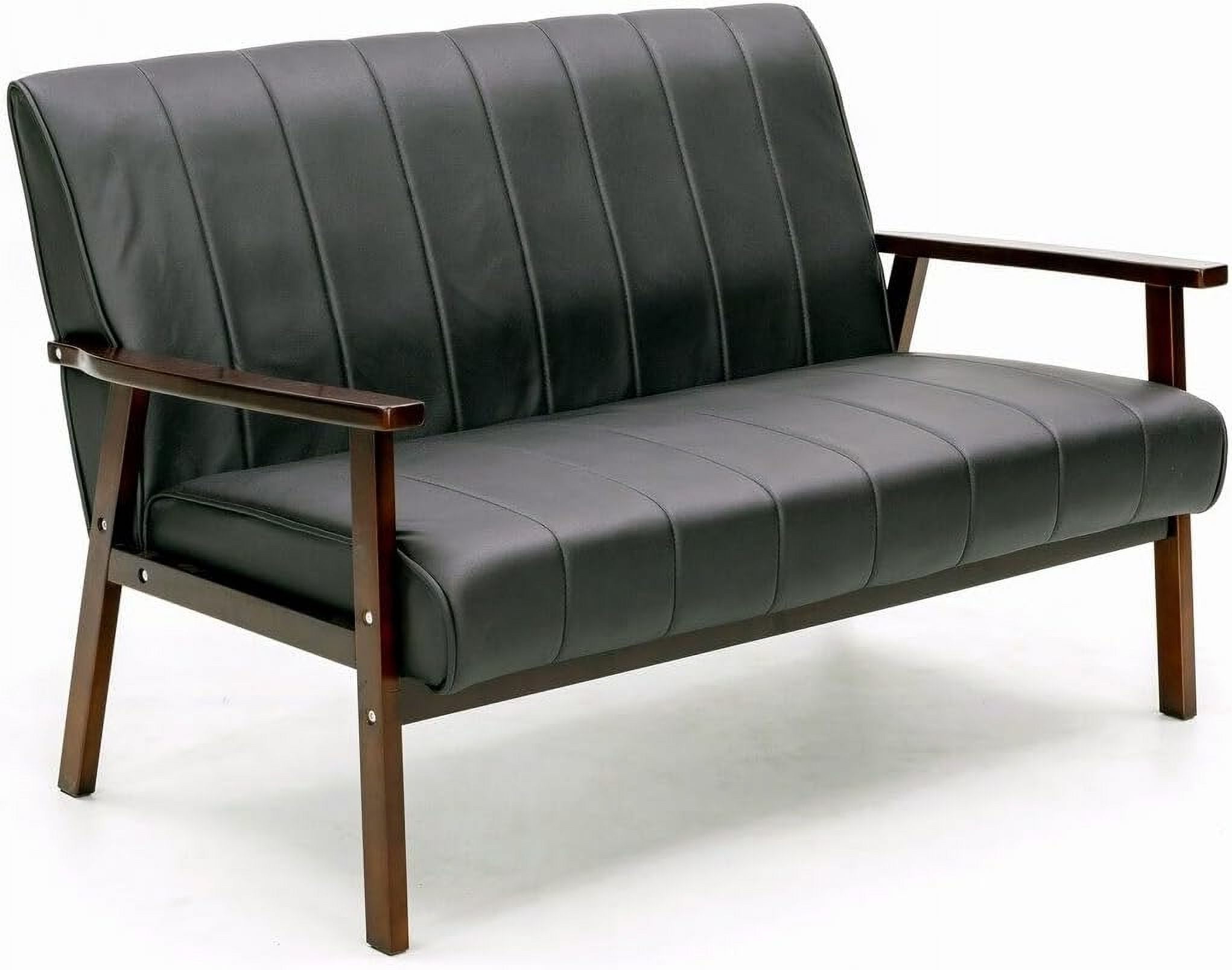 Mid Century Modern Loveseat Sofa with Wooden Arms Leather Office Couch ...