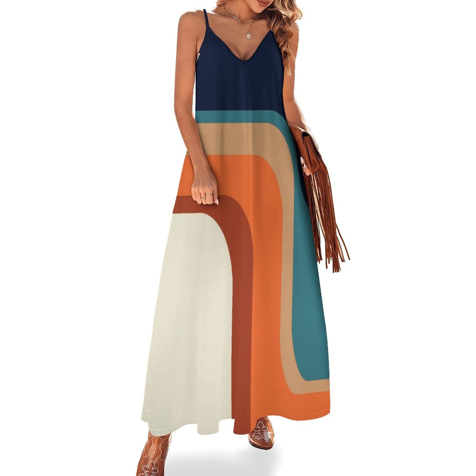 Mid-Century Modern Meets 1970s Orange and Blue Rainbow Sleeveless Dress ...