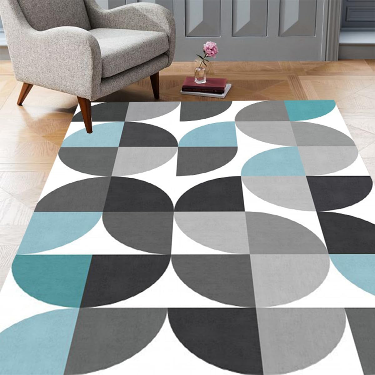 Mid Century Modern Minimalist Blue Grey White Area Rug for Livingroom ...