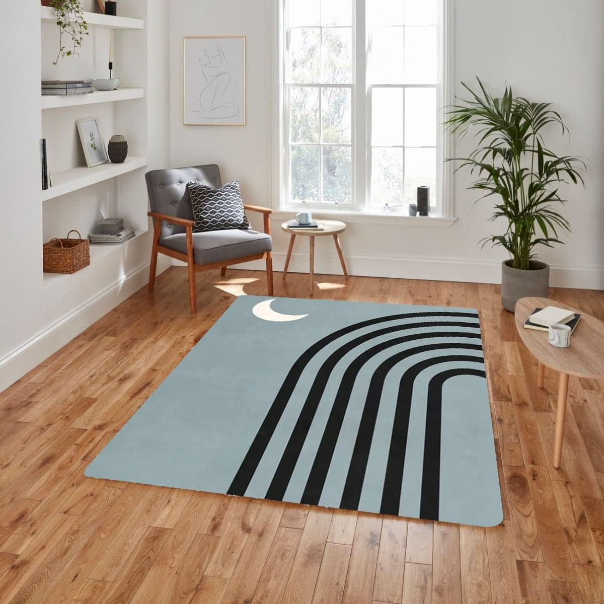 Mid-Century Modern Minimalist Moon and Lines Black Grey Area Rug for ...