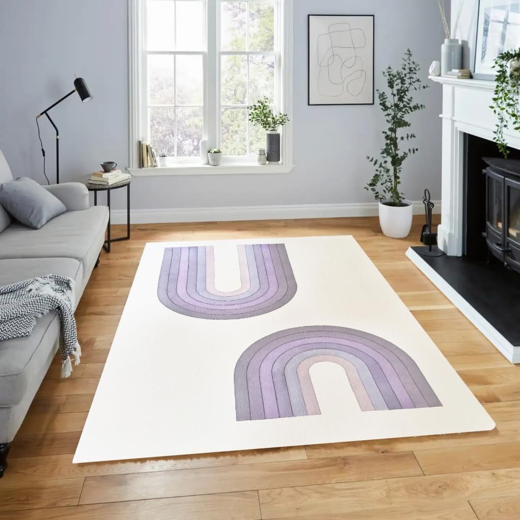 Mid Century Modern Minimalist Purple Ivory Arch Lines Pattern Area Rugs ...