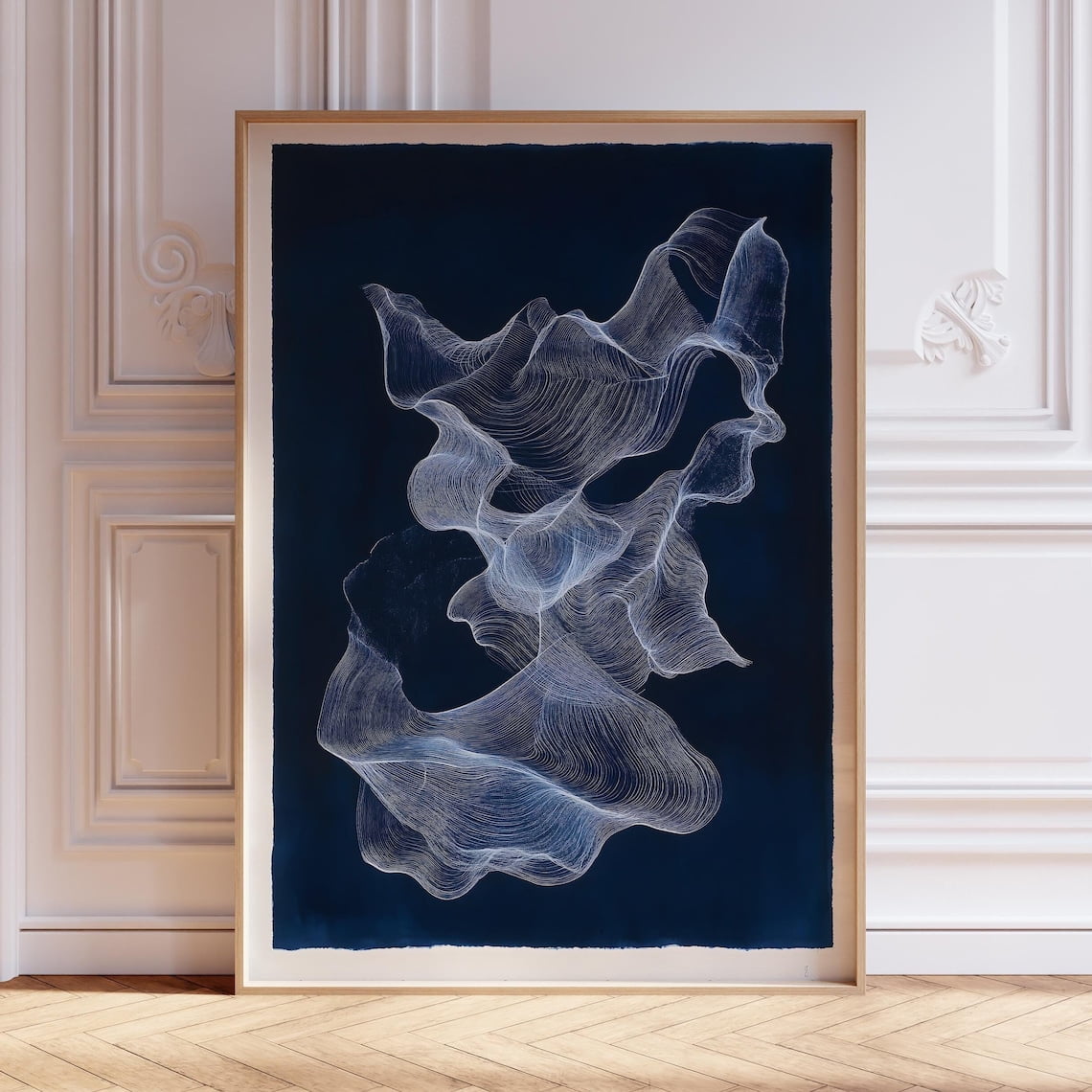 Mid Century Modern Navy Blue Poster, Modern Abstract Art Print, Japandi ...