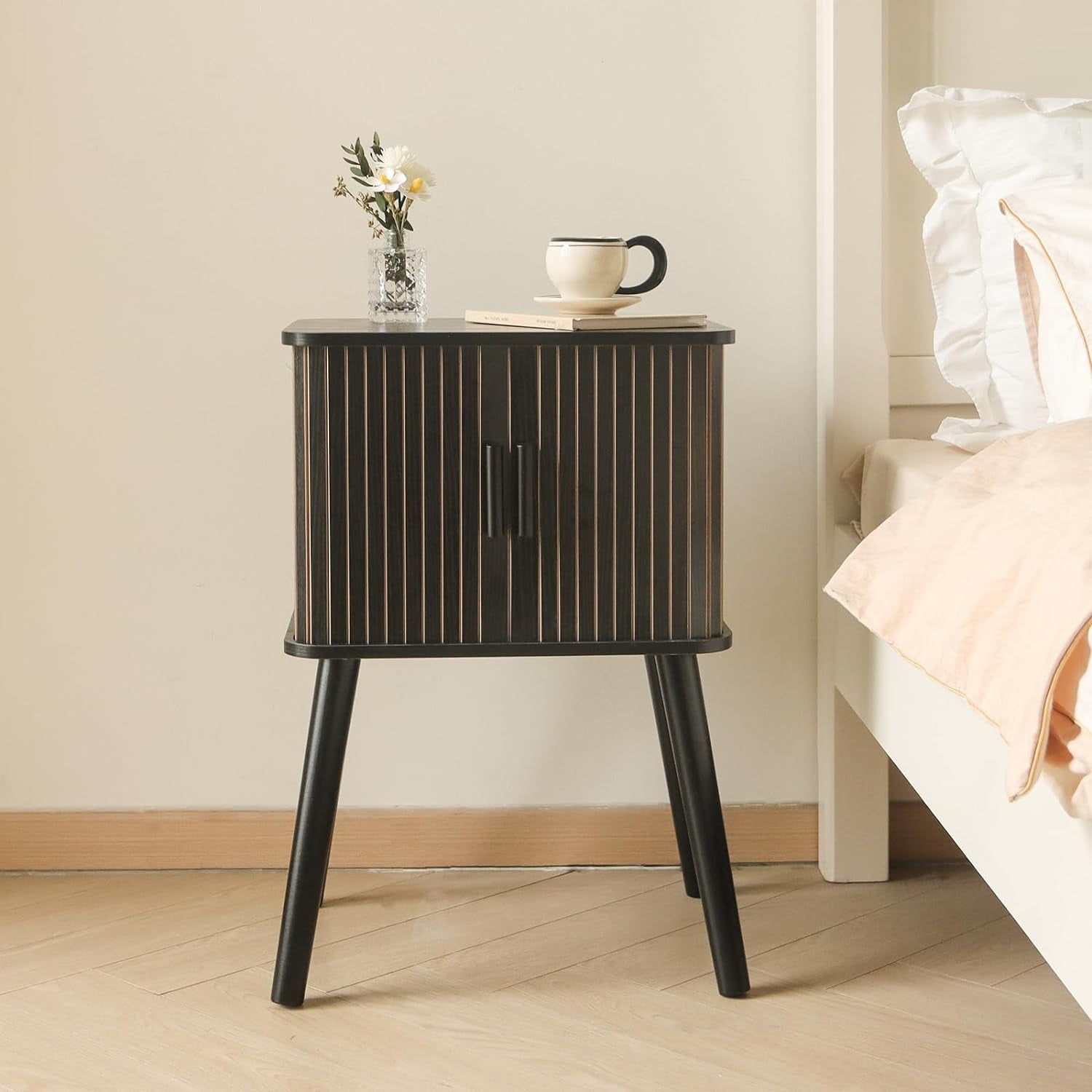 Mid Century Modern Nightstand, Bedside Table with Sliding Fluted Doors ...