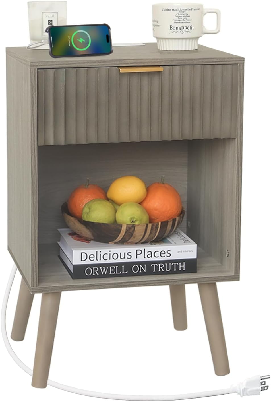 Grey Wood Nightstand with Charging Station, Modern Bedside Table with ...