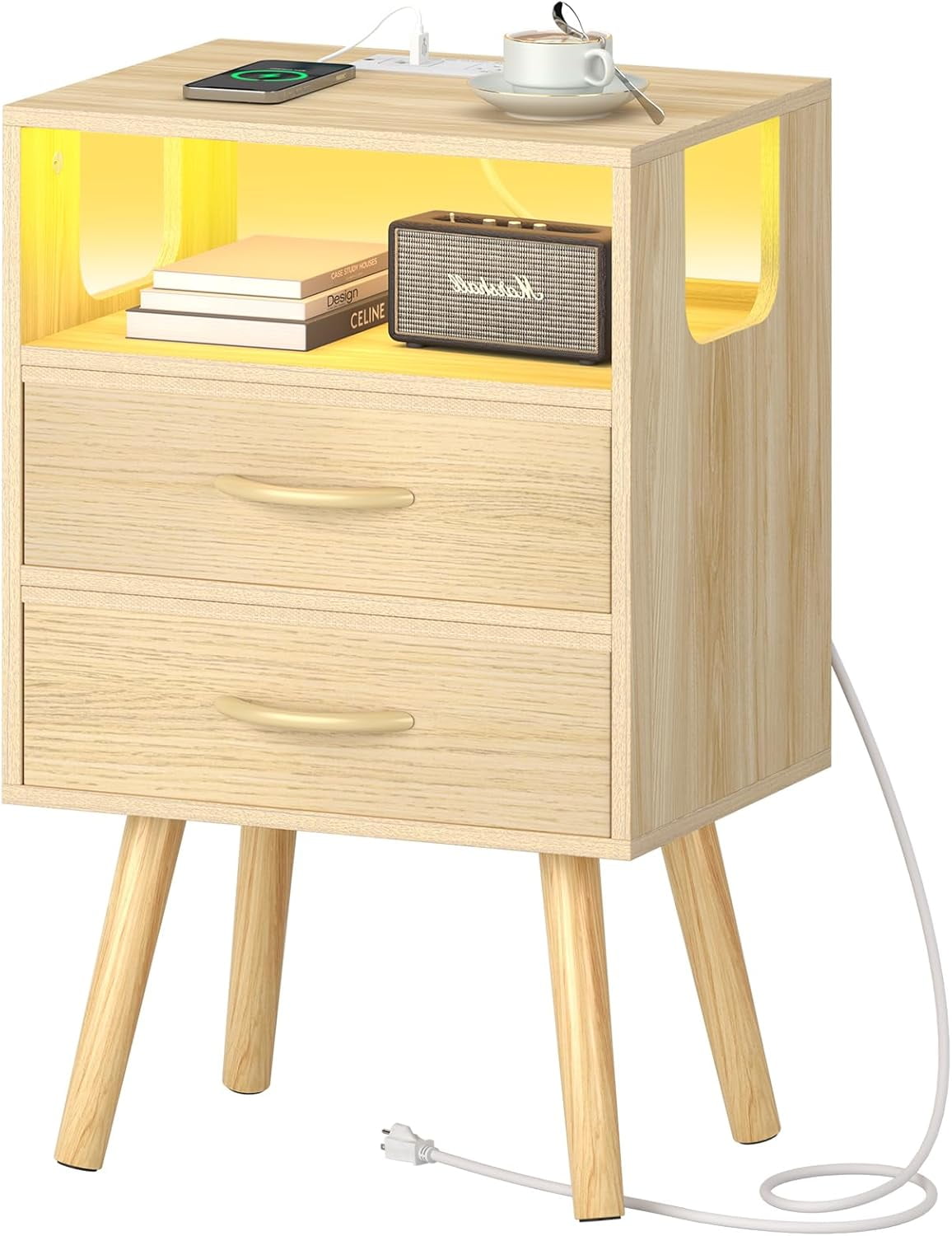 Mid Century Modern Nightstand with Fabric Drawers, LED Night Stand with ...