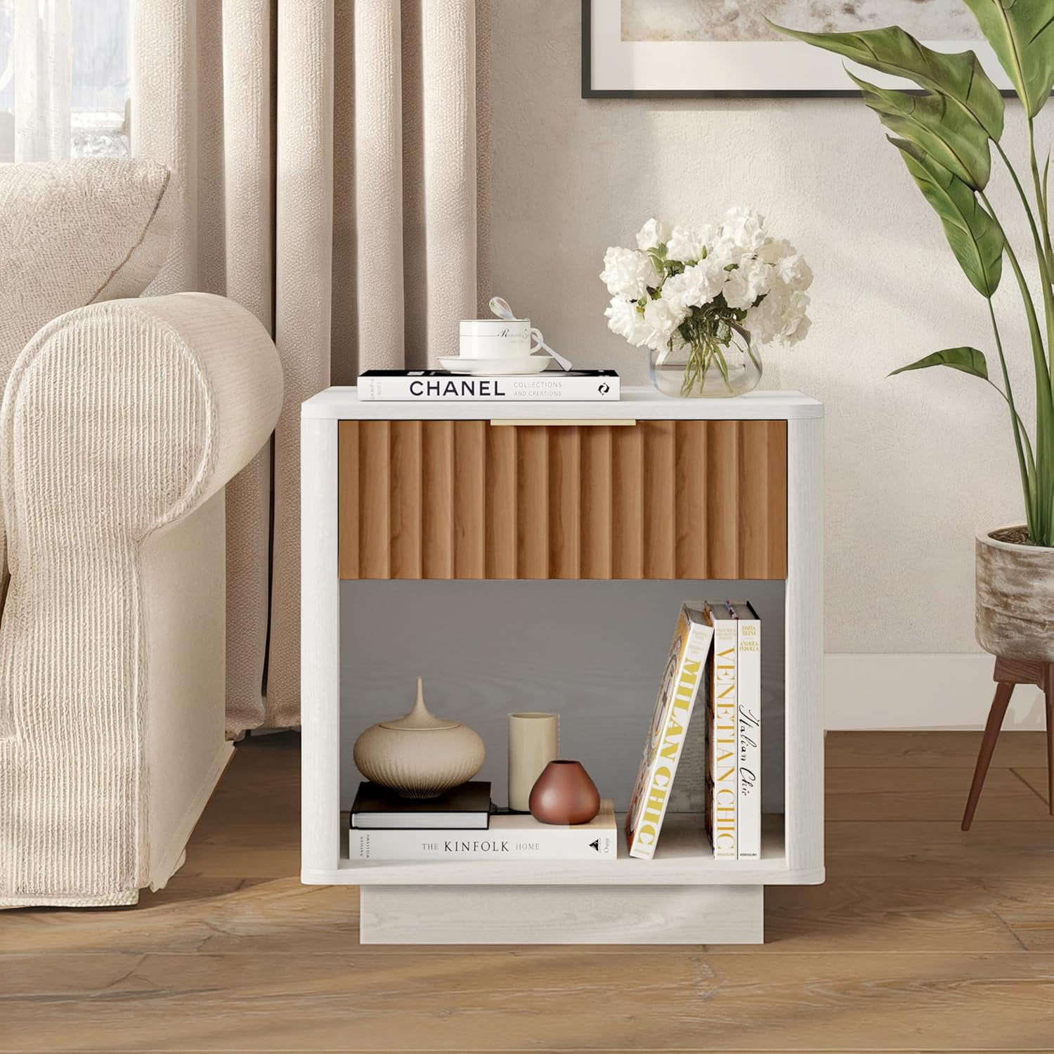 Mid Century Modern Nightstand, Fluted Bedroom Nightstand with Drawer ...