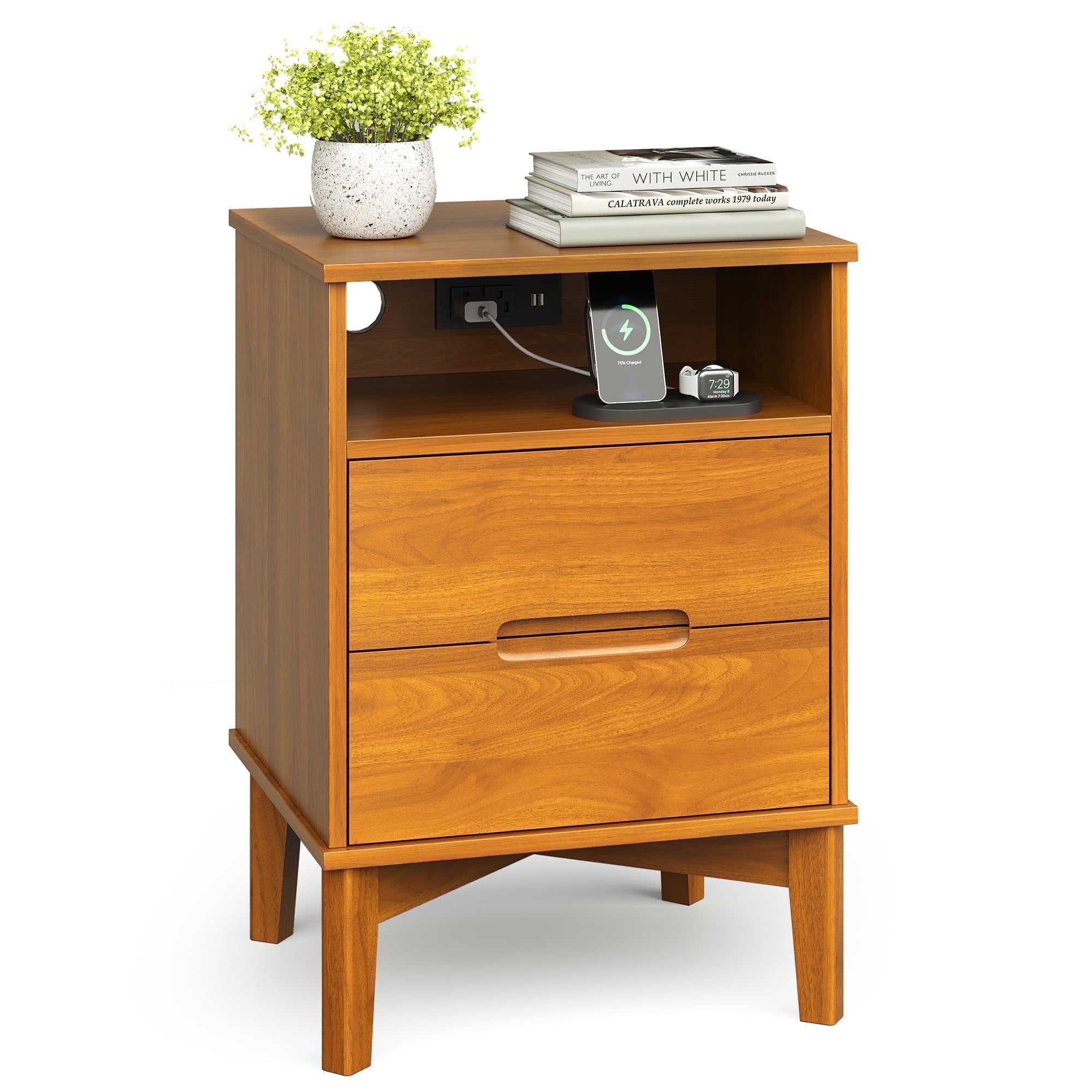 Mid-Century Modern Nightstand with Hidden Charging Station, USB Ports ...