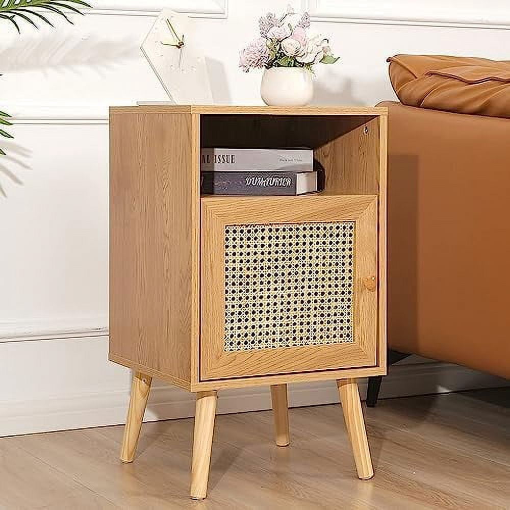 Mid Century Modern Nightstand, Rattan Nightstand with 2-Tier Shelf and ...