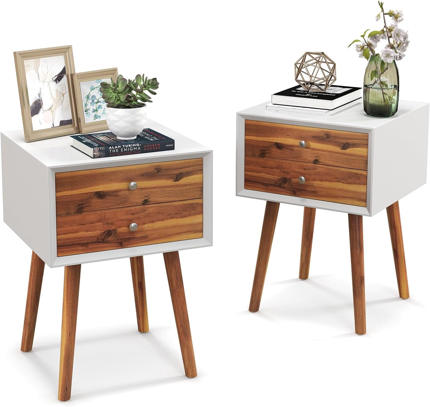 Mid Century Modern Nightstand Set of 2, Wooden Bedside Tables w/ 2 ...