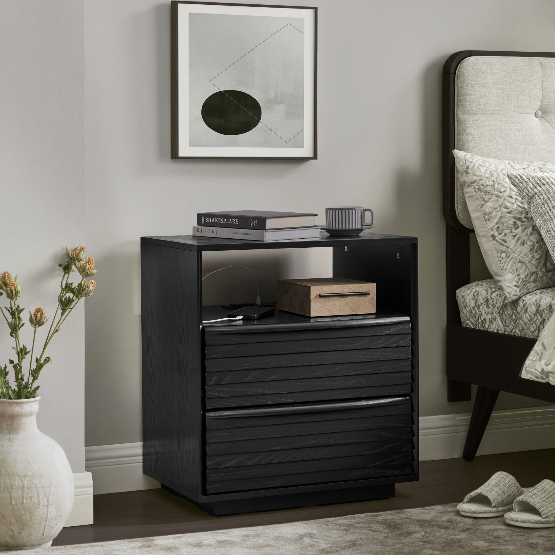 Mid Century Modern Nightstand with USB Charging Station & 2 Solid Wood ...